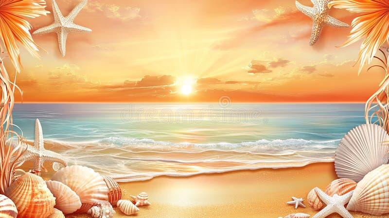 Sunset Beach Frame with Seashells and Starfish for Coastal Designs ...