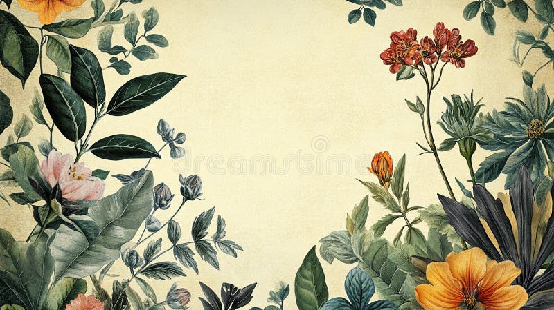 Vintage Botanical Frame with Old-Fashioned Flowers and Foliage Stock ...