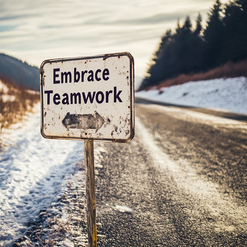 White Road Sign with "Embrace Teamwork" Text on Simple Background Stock ...