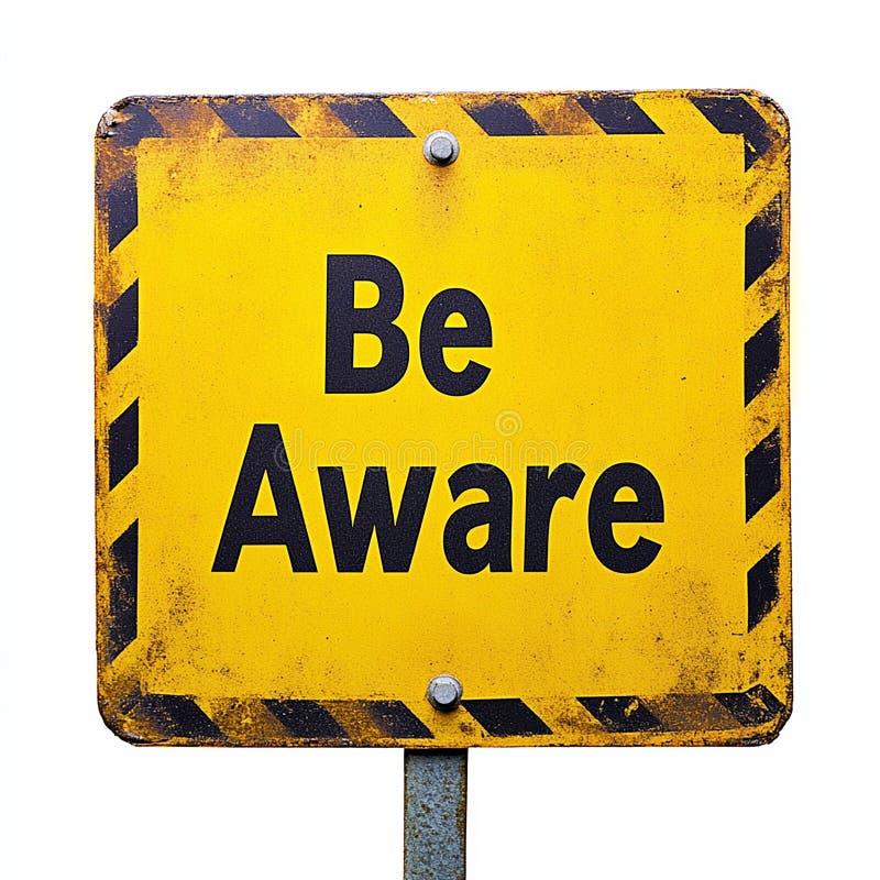 Yellow Warning Sign Displaying "Be Aware" on White Background Stock ...