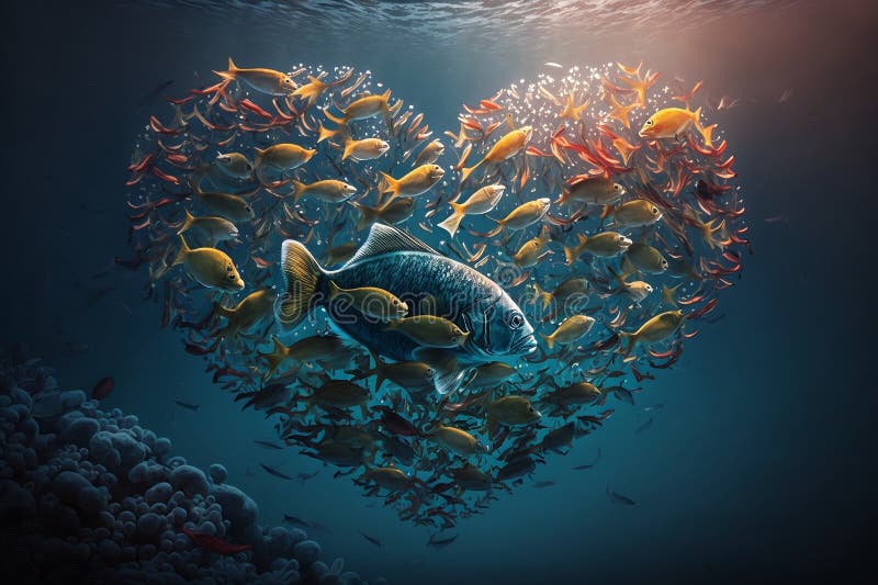 Flock of Exotic Coral Reef Fish in the Shape of a Heart Stock Photo ...