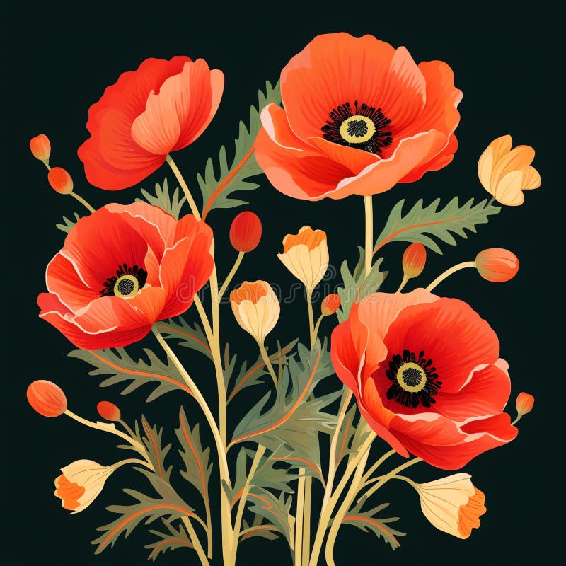Folklore Poppies Flowers Background Pattern Wallpaper Vector Stock ...