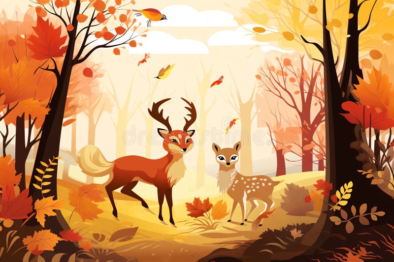 Forest Animals Playing in the Leaves Vector Fall Background Stock ...
