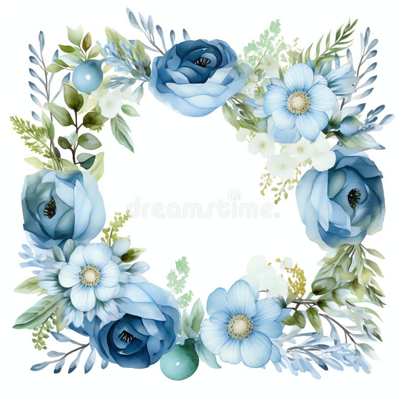 Frame with Dusty Blue Flowers and Lush Greenery Flowers and Leaves for ...