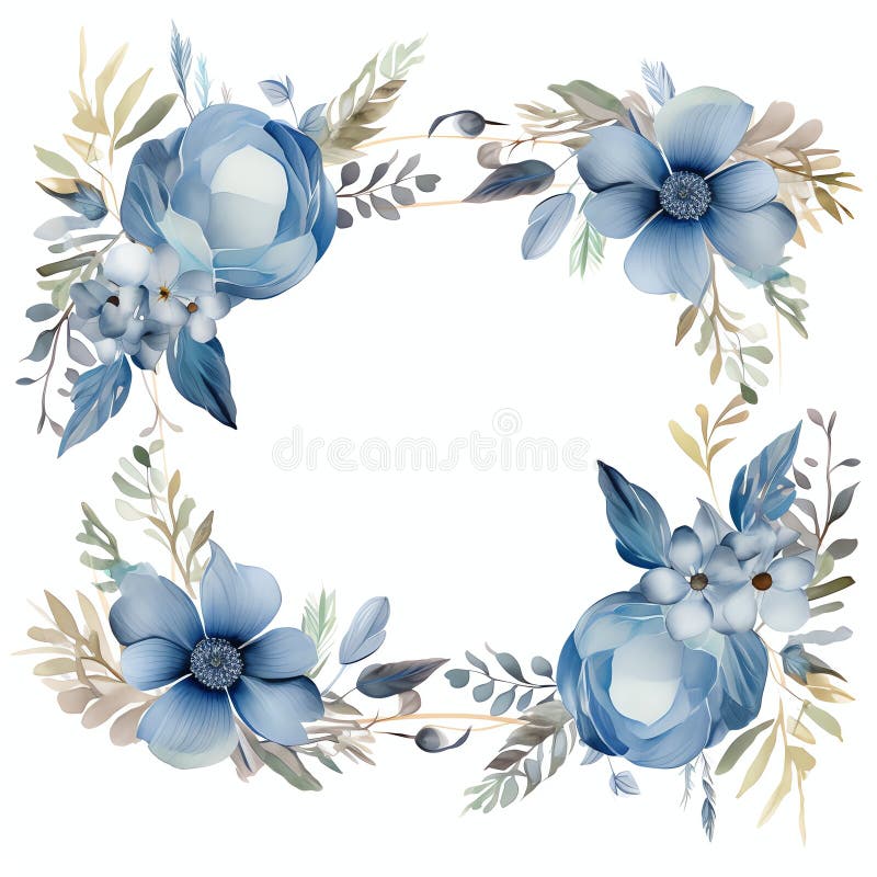 Frame with Dusty Blue Flowers and Lush Greenery Flowers and Leaves for ...
