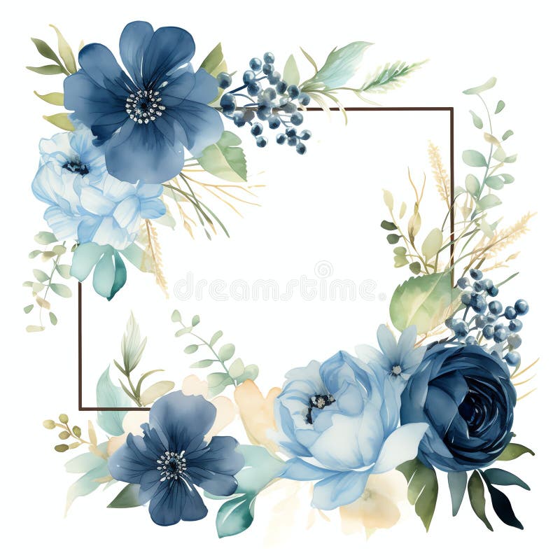Frame with Dusty Blue Flowers and Lush Greenery Flowers and Leaves for ...