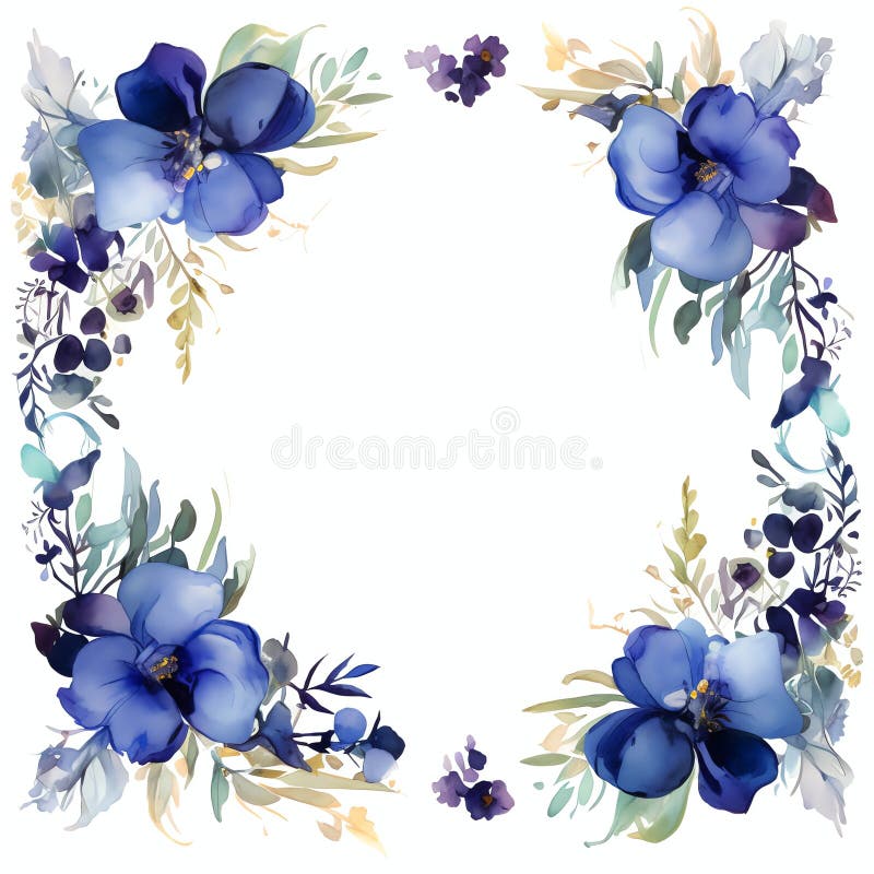 Frame with Indigo Flowers and Leaves for Invitation,Greeting Card or ...