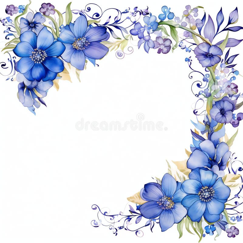 Frame with Indigo Flowers and Leaves for Invitation,Greeting Card or ...
