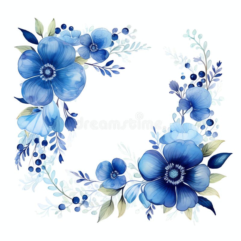 Frame with Indigo Flowers and Leaves for Invitation,Greeting Card or ...