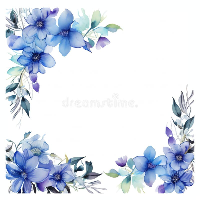 Frame with Indigo Flowers and Leaves for Invitation,Greeting Card or ...