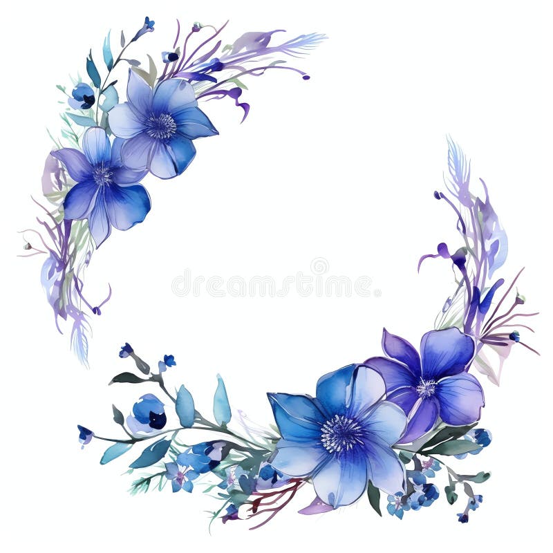 Frame with Indigo Flowers and Leaves for Invitation,Greeting Card or ...