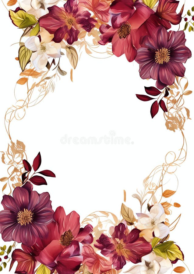Frame with Maroon Flowers and Leaves for Invitation,Greeting Card or ...