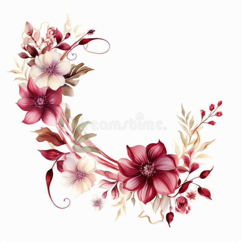 Frame with Maroon Flowers and Leaves for Invitation,Greeting Card or ...