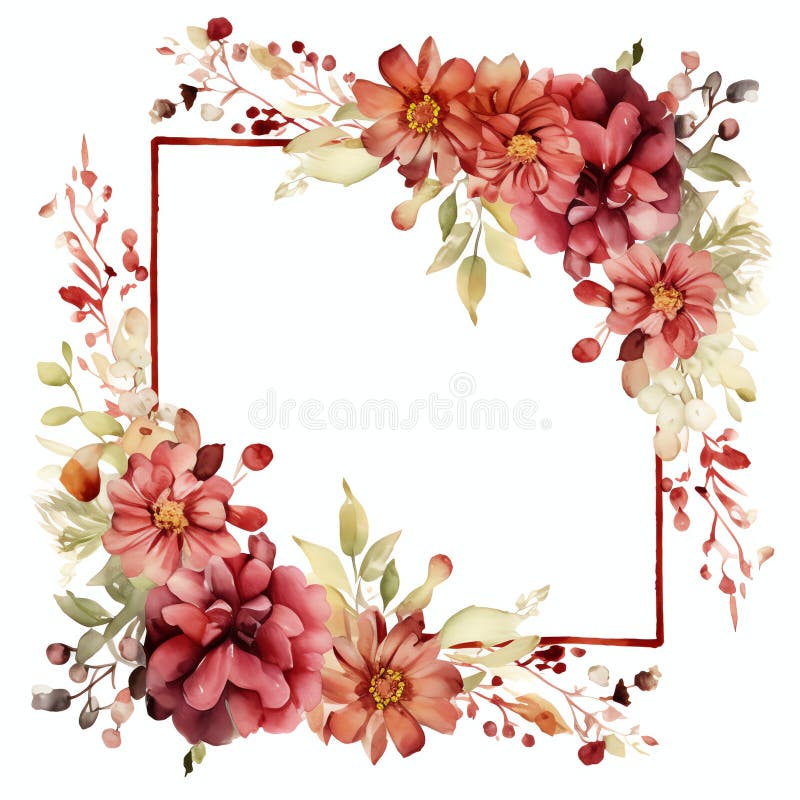 Frame with Maroon Flowers and Leaves for Invitation,Greeting Card or ...