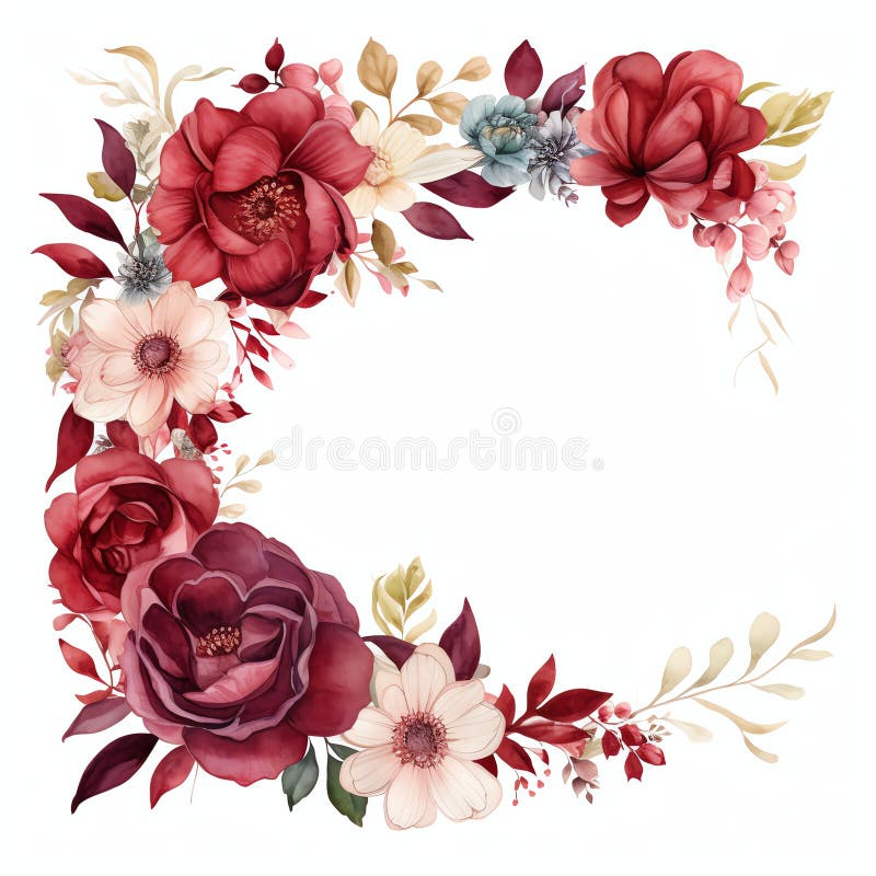 Frame with Maroon Flowers and Leaves for Invitation,Greeting Card or ...