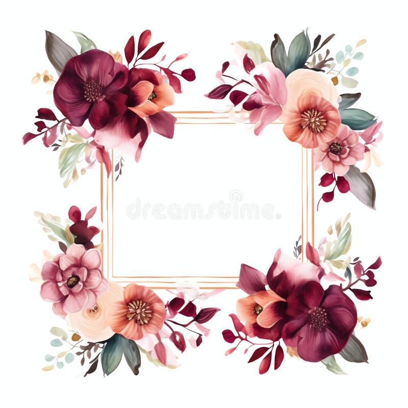 Frame with Maroon Flowers and Leaves for Invitation,Greeting Card or ...
