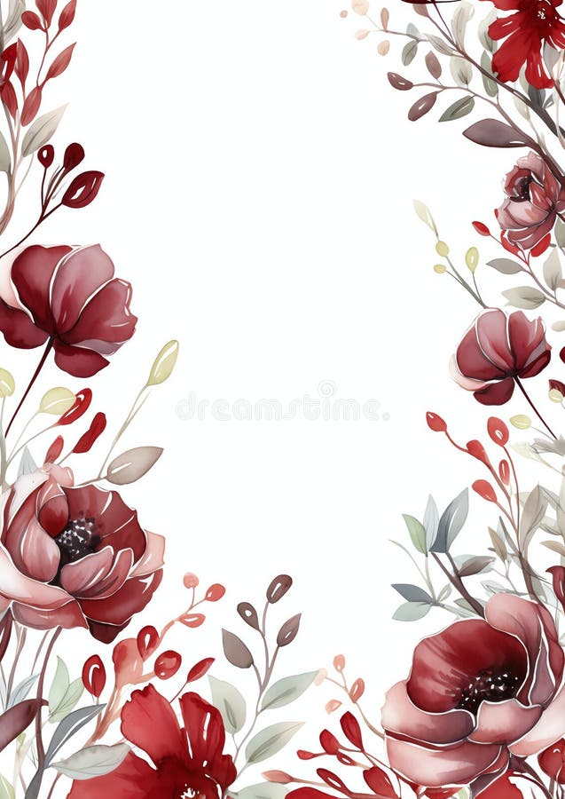 Frame with Maroon Flowers and Leaves for Invitation,Greeting Card or ...