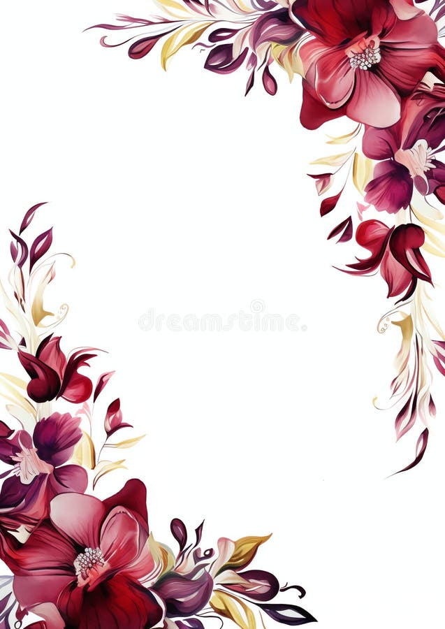Frame with Maroon Flowers and Leaves for Invitation,Greeting Card or ...