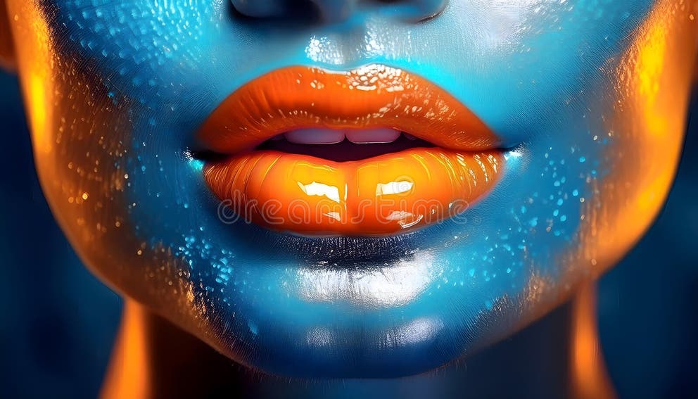 Full, Deep Orange Lips and a Blue Complexion Create a Close-up Fantasy Makeup Look. Stock ...