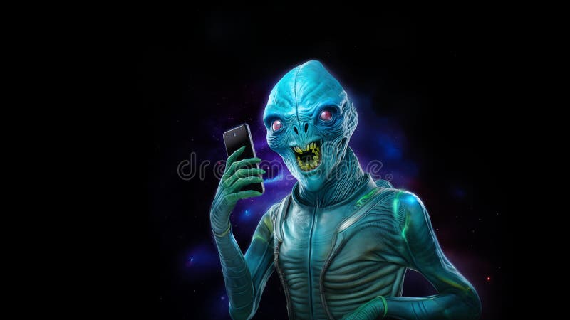 Funny Smiling Alien Creature Using a Cell Phone To Make a Selfie Photo ...