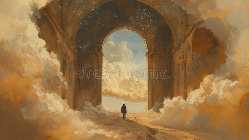Gates of Heaven. Silhouette of a Man in Front of a Big Ancient Arch ...