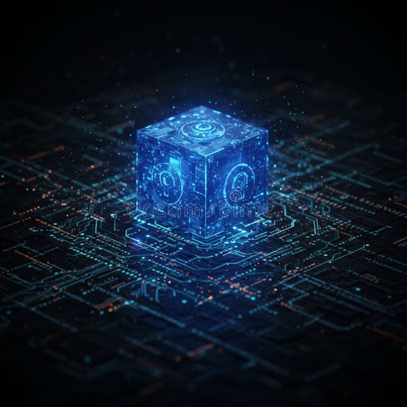 AI Generated Image of Glowing Blue Cube with Lock Icons on Circuit ...