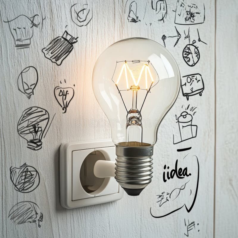 Light Bulb Plugged into Wall with Creative Doodles, Representing Ideas ...