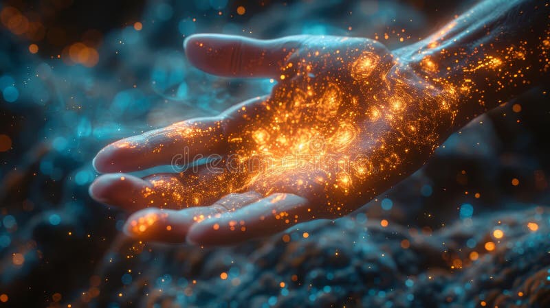 AI-generated Image. Glowing Particles Float in the Palm of an ...