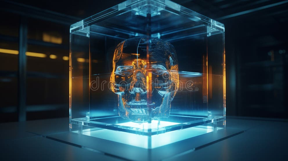 Glowing Robotic Head Inside the Transparent Glass Cube Container in ...