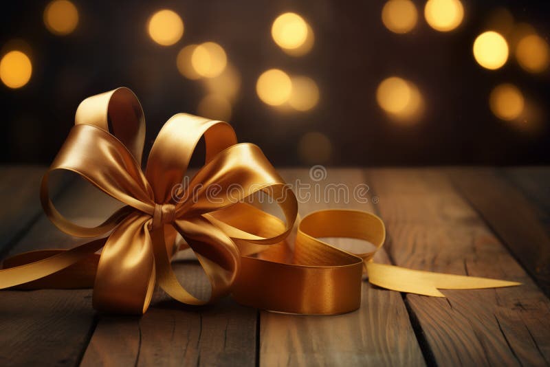 Golden Ribbon Bow on a Wooden Table Close-up Stock Illustration ...