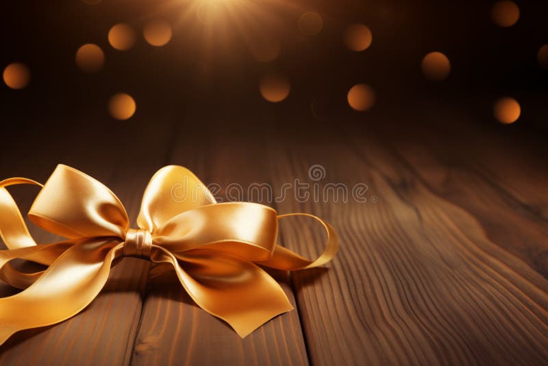 Golden Ribbon Bow on a Wooden Table Stock Photo - Image of enjoyment ...