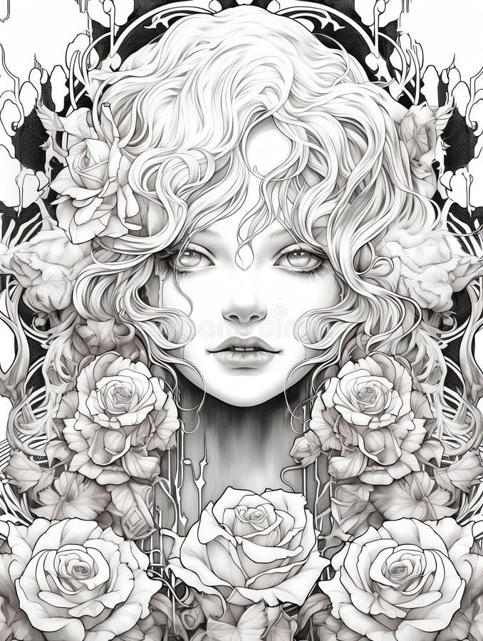 Gothic Roses Gothic Window Coloring Book Page in Black and White Stock ...