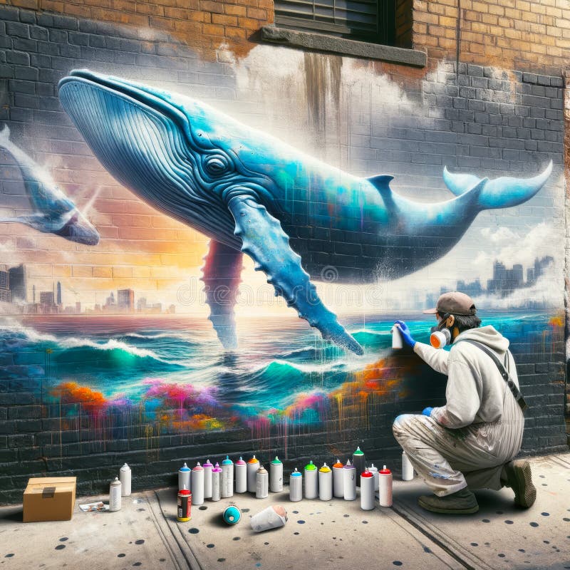 Graffiti Artist Underwater Ocean Scene Blue Whale Brick Wall Vintage ...