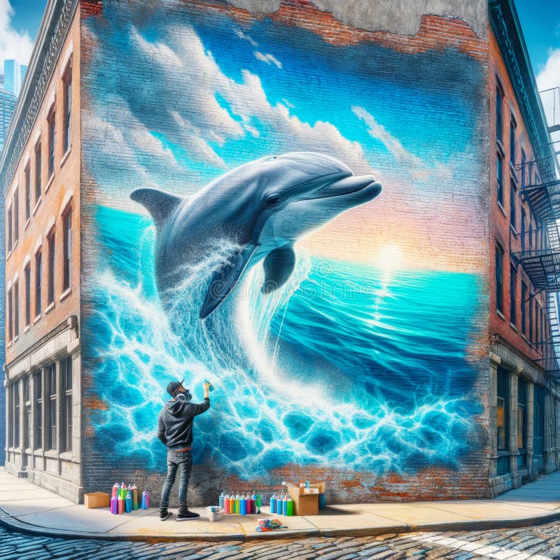 Hipster Graffiti Artist Dolphin Mural Painting Ocean Scene Brick Wall ...