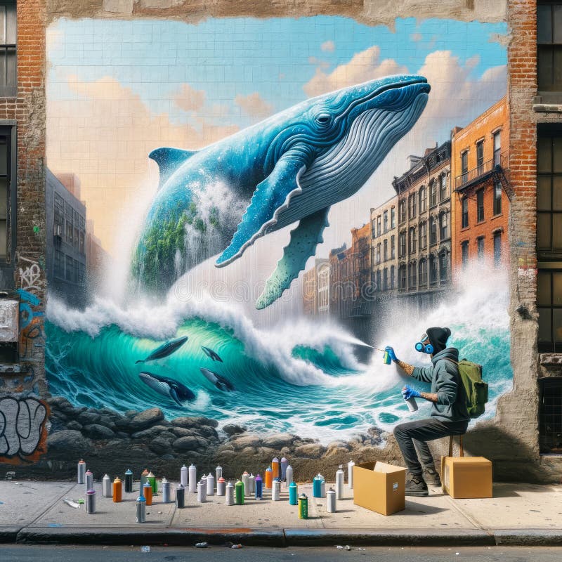 Spray Painting Graffiti Artist Underwater Ocean Scene Blue Whale Brick ...