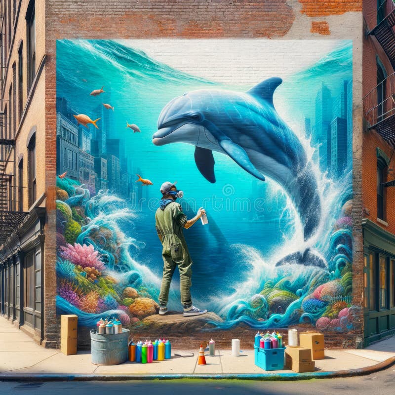 Dolphin Mural Graffiti Artist Painting Ocean Scene Brick Wall Vintage ...
