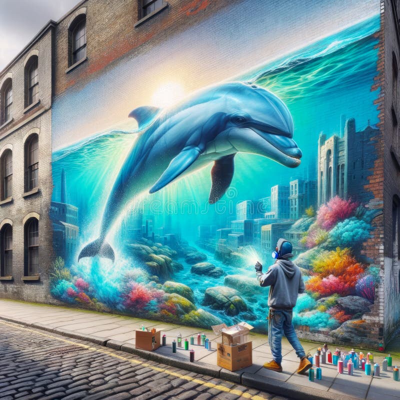 Graffiti Artist Dolphin Mural Painting Ocean Scene Brick Wall Vintage ...