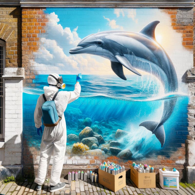 Graffiti Artist Dolphin Mural Painting Ocean Scene Brick Wall Vintage ...