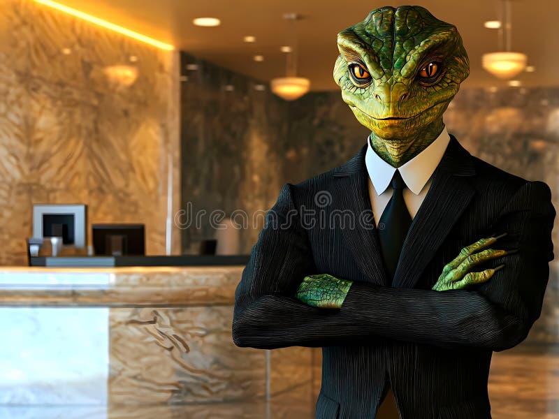 AI-Generated Image of a Green Lizard Wearing a Suit and Tie Stands in ...