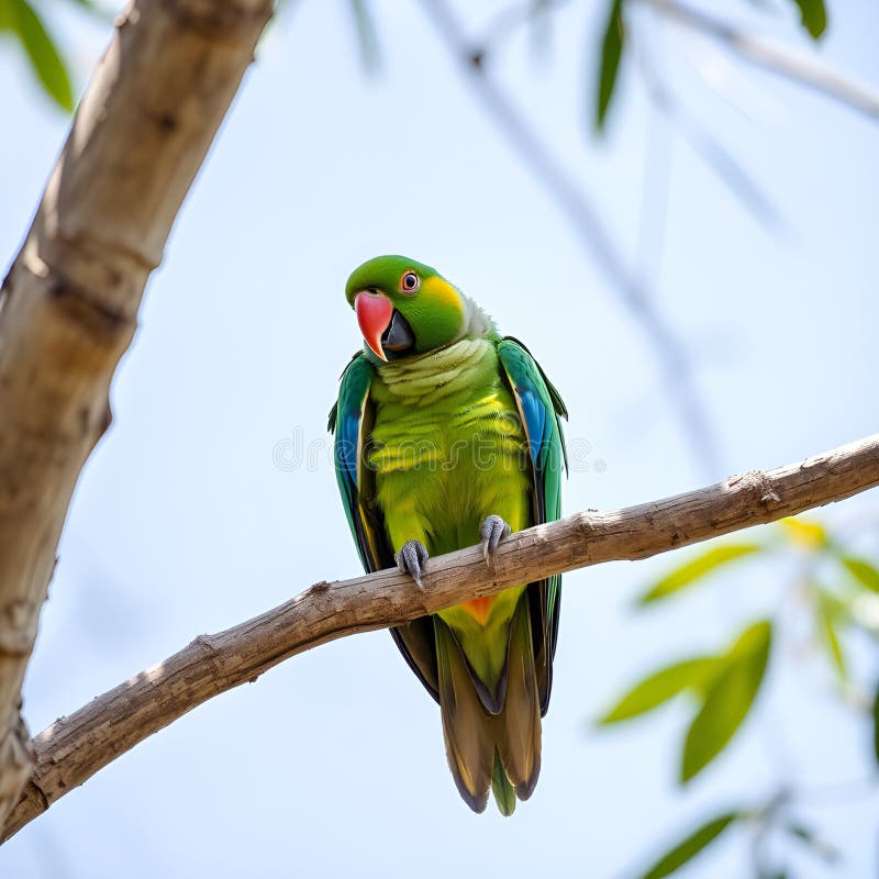 AI Generated Green Parrot Perched on a Tree Branch Stock Image - Image ...