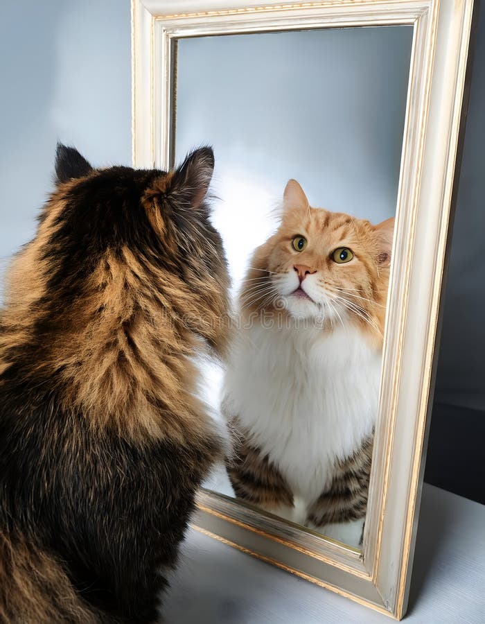 Hairy Cat Looking at Mirror and Sees Itself. Stock Illustration ...
