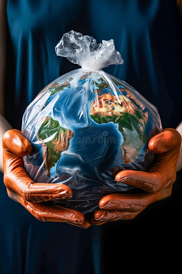AI-Generated Image: Hands Holding Earth in Transparent Trash Bag ...
