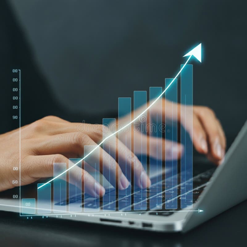 AI-Generated Image of Hands Typing on Laptop Under Rising Bar Chart and ...