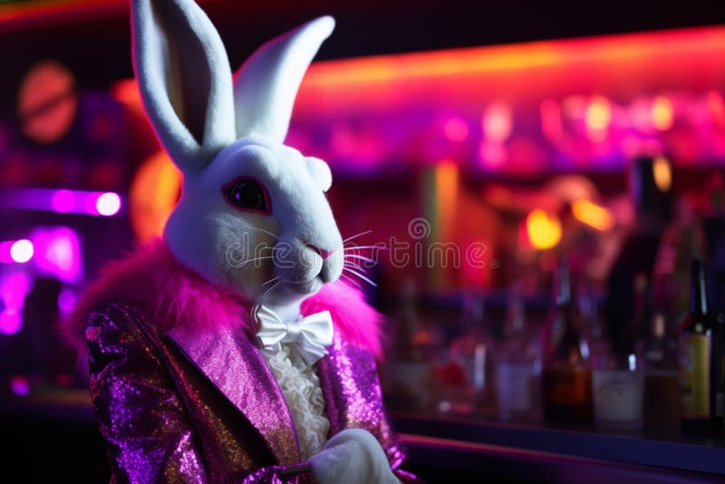 Haute Couture Easter Bunny in Night Club with Neon Illumination Stock ...