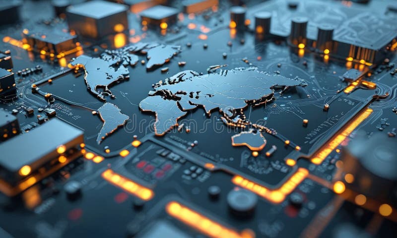 Computer Circuit with World Map on it Stock Illustration - Illustration ...