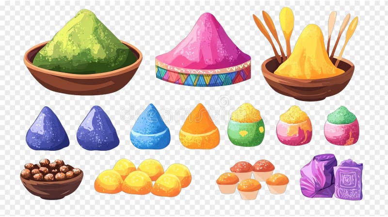 Holi Elements Set with Colorful Powder and Traditional Holi Sweets ...