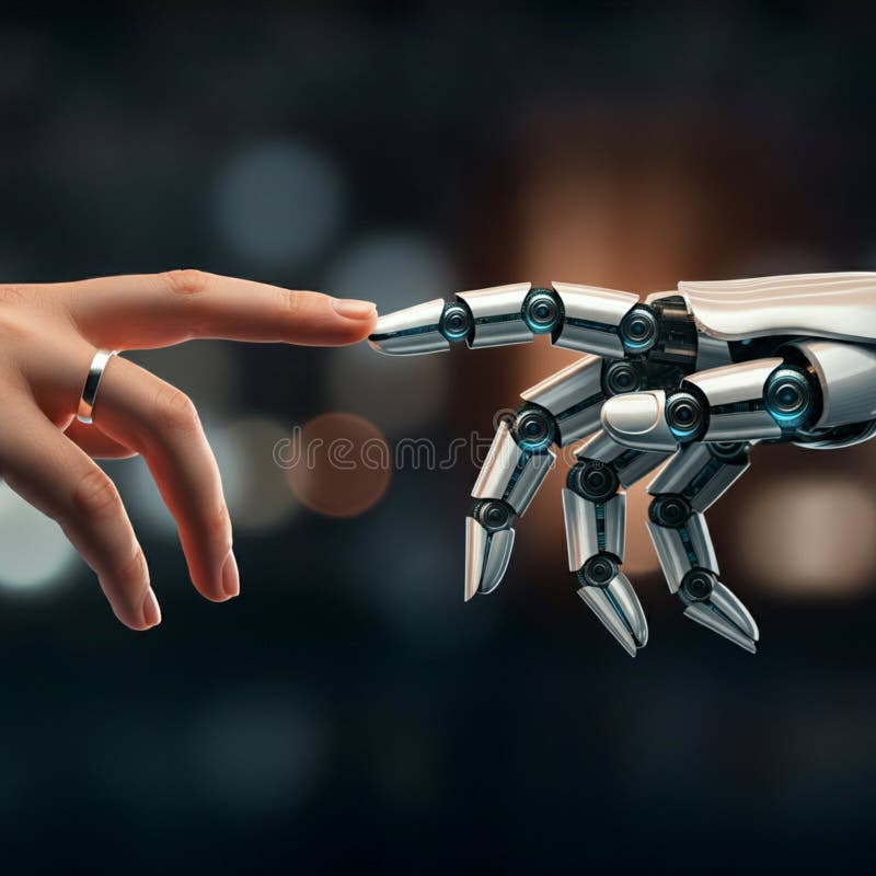 AI-Generated Image of Human and Robotic Fingers Touching, Symbolizing ...