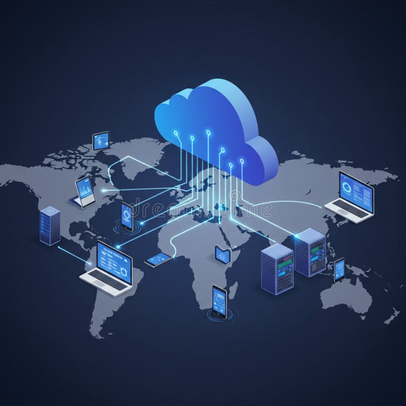 AI-Generated Image of Cloud Computing with Laptops, Servers, and World ...