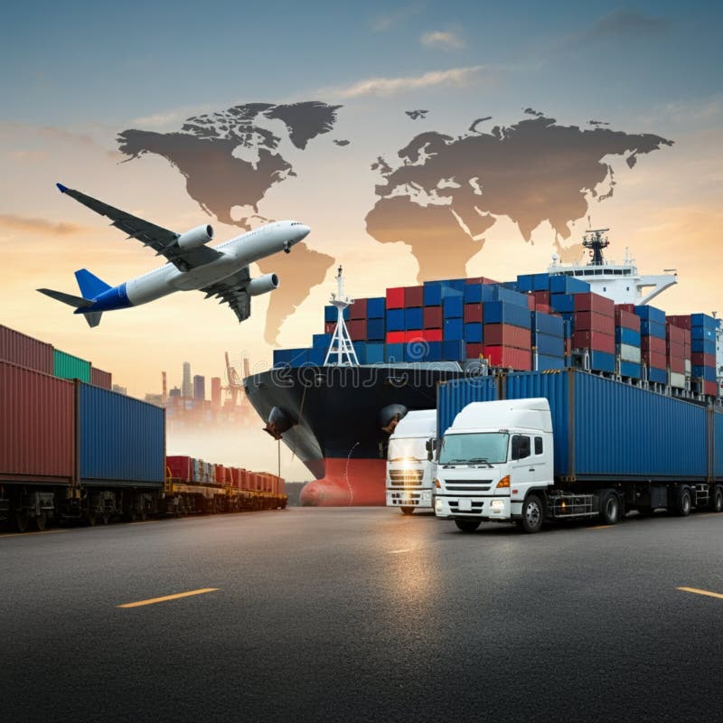 AI-Generated Image: Global Shipping Network with World Map and Transport Modes Stock ...