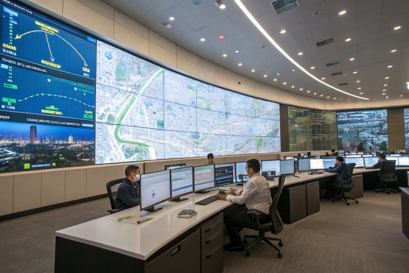 Smart City Control Center with Large Digital Maps Stock Illustration ...